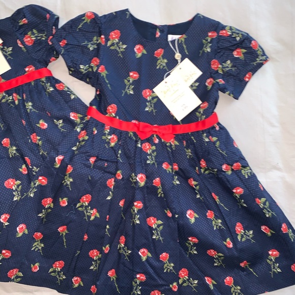 Rachel Riley | Dresses | Blue Rachel Riley Dress With Red Roses | Poshmark